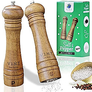 Wooden Salt and Pepper Grinder Set - Adjustable Ceramic Rotor - Refillable Salt and Pepper Mill Set - Pack of 2 – 8 inch - Heat Resistant- Food grade- Eco-friendly, Brown