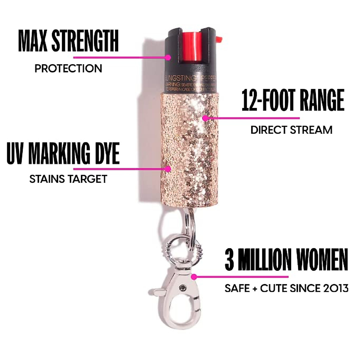 Pepper Spray Maximum Strength Self Defense Keychain for Women, 12-foot Spray Range & UV Dye - Glitter