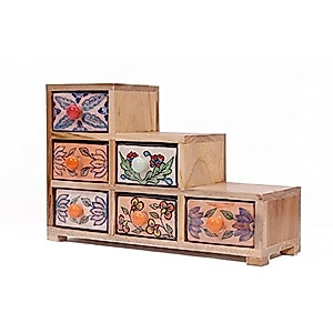 Tyagi-Export -Staircase 6 Drawer Wide Ceramic Organizer Storage Cabinet Chest of Drawers Unique Pottery Wooden Drawer Box Drawers 14 x 4.5 x 9 Inch