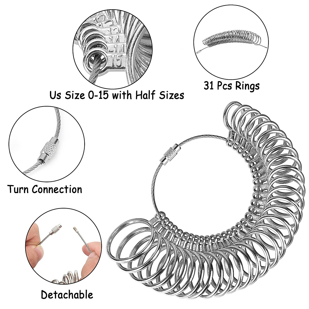 Accmor Ring Sizer Tool Including Ring Mandrel & Ring Sizer Guage, 4 Sizes Ring Measurement Stick Metal Mandrel & Finger Sizing Measuring Tool Set for Jewelry Making Measuring