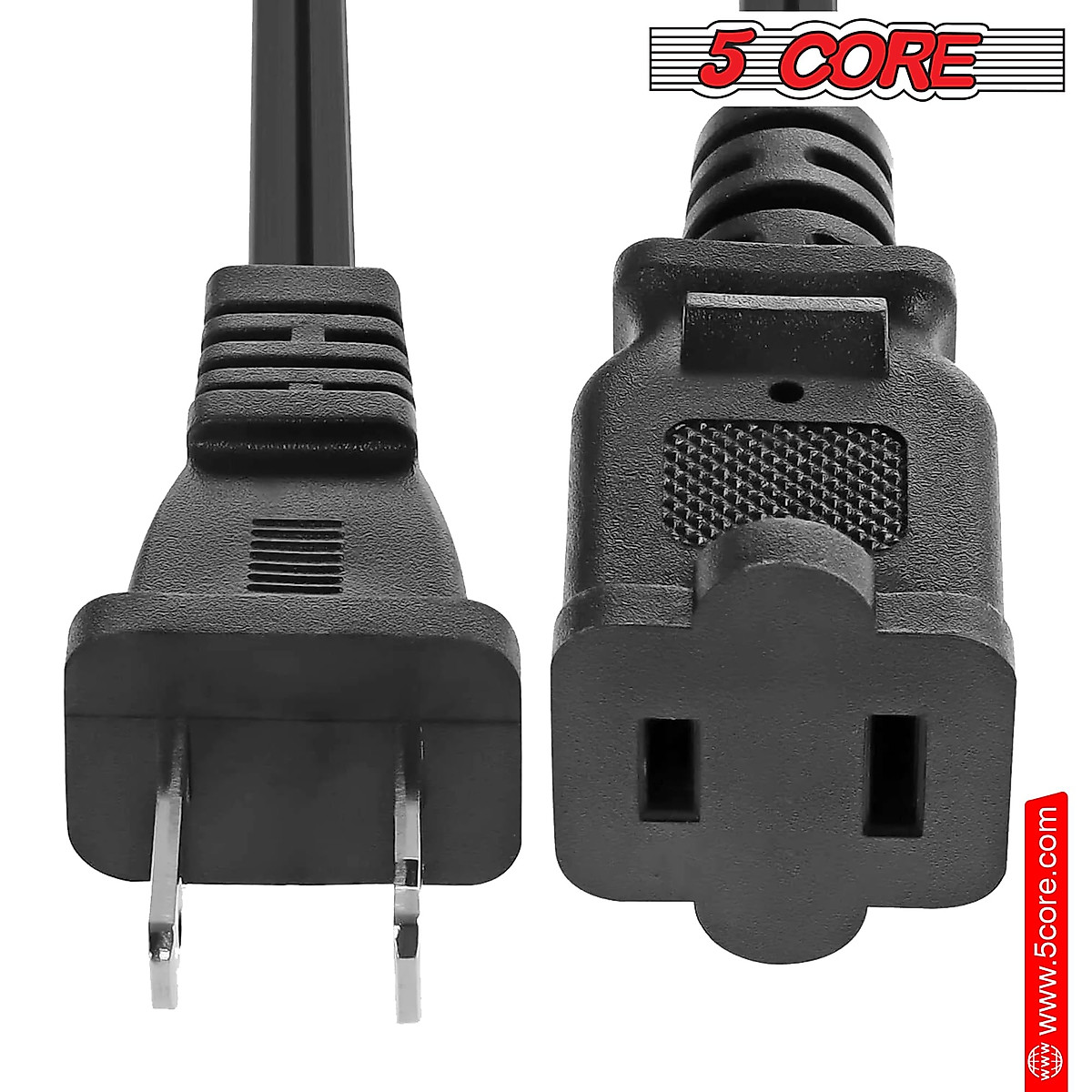 5 Core AC Power Cord 15 Ft • 2 Prong Extension Adapter • 16AWG/2C 125V 13A • US Polarized Male to Female Outlet Extension Cable Black- EXC BLK 15FT