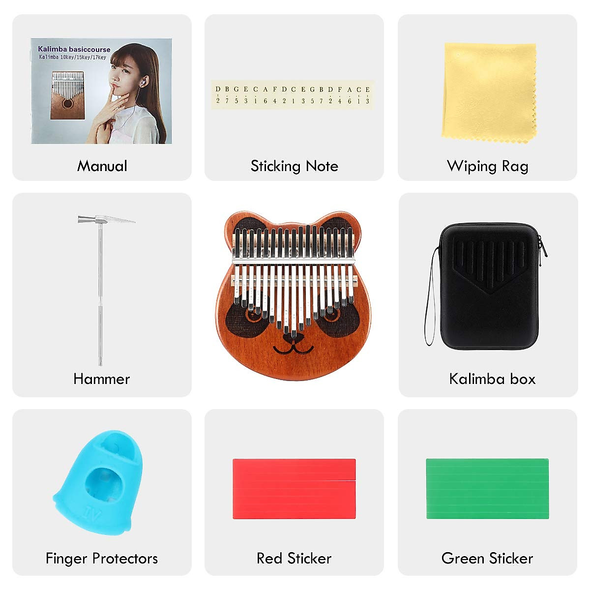 JeuRon 17 Keys Mahogany Kalimba Thumb Piano Finger Instrument With Portable Case Turning Hammer Study Instruction,Gift for Kids Adult Beginners and Professionals (OWL)