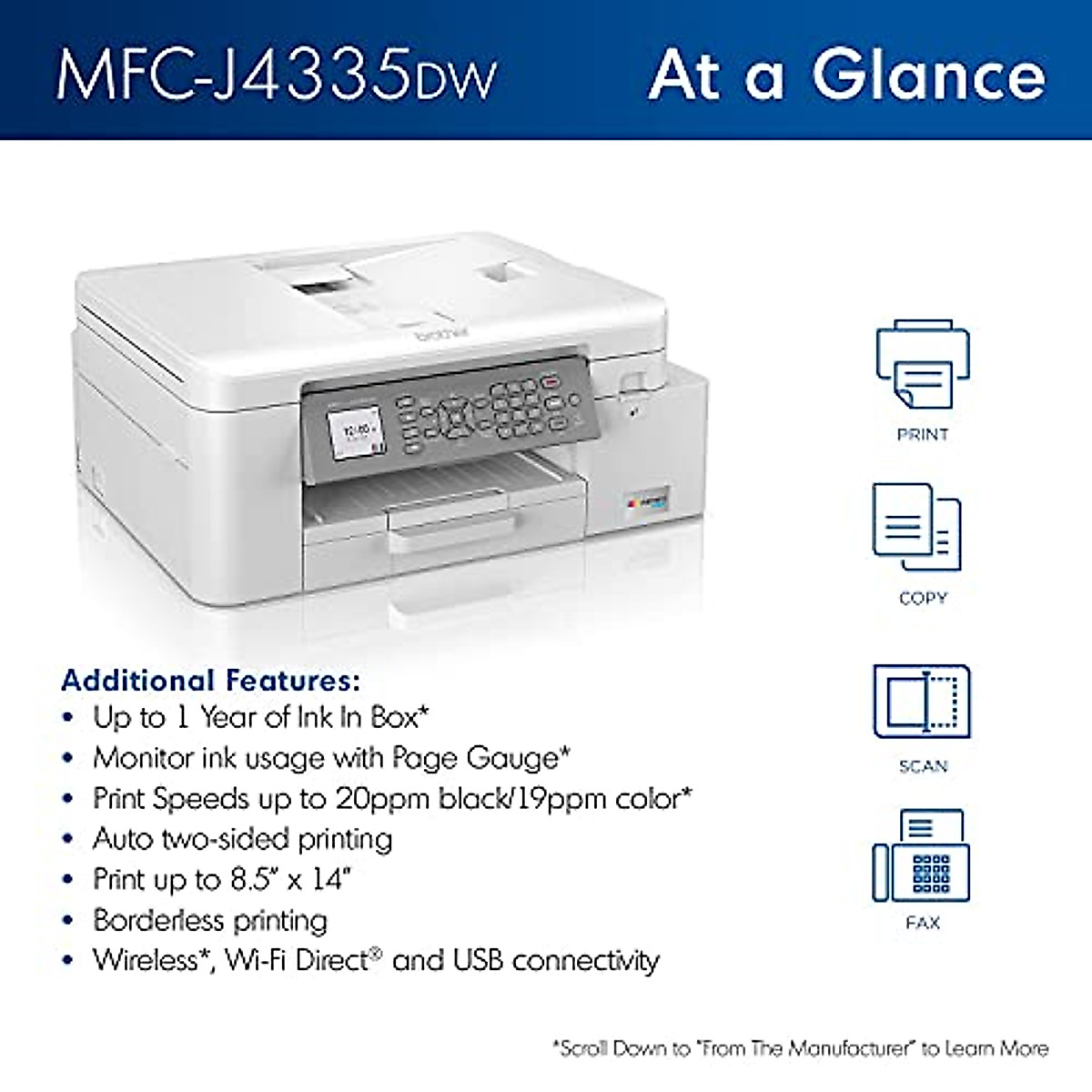 Brother MFC-J4335DW INKvestment Tank All-in-One Color Inkjet Printer, Print Scan Copy Fax, Auto 2-Sided Printing, Wireless Printing, 4800 x 1200 dpi, White - Bundle with JAWFOAL Printer Cable