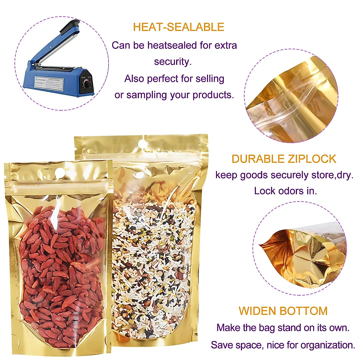 100 Pack Smell Proof Bags with Clear Front Window, 4 x 6 Inches Resealable Stand Up Food Storage Bags Packaging Foil Mylar Pouches for Small Business, Foods, Party Favors (Gold (4x6+2.4 inch)