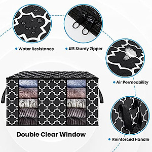 Fab totes Clothes Storage Bag Organizer [3 Pack/100L], Large Capacity Clothes Organization with Reinforced Handle and Clear Window, Foldable Storage Containers for Comforter, Blanket, Bedding, Black