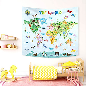 BASHOM TP-001 Animal World Map Tapestry Poster for Kids Educational learning Wall Hanging for Bedroom Living Room Nursery Dorm Home Decor 60''x50''(150x130cm)