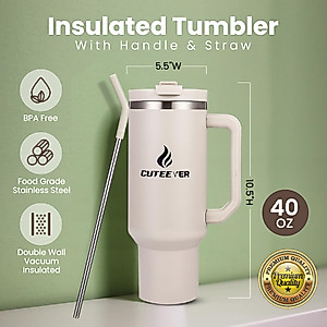 Cuteever Insulated Cup 40 oz Tumbler with Handle and Straw- Stainless Steel Water Bottle - Spill Proof Tumbler with Straw & Tumbler Accessories for Smoothie, Water, Iced Tea, or Coffee - Almond Color.