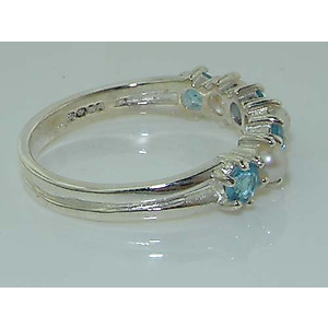 LetsBuyGold 925 Sterling Silver Cultured Pearl & Blue Topaz Womans Eternity Band Ring - Size 10