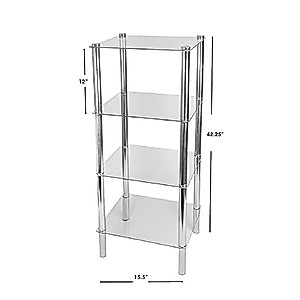Home Basics Small Glass (Clear/Silver), Shelving Storage Unit with Chrome Metal Bars 4 Tier Corner Shelf