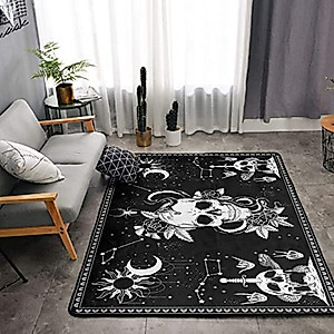 Skull Black and White Snake Moth Skeleton Mandala Moon Star Pattern Area Rug Rugs Non-Slip Floor Mat Doormats Living Dining Room Bedroom Dorm 60 x 39 inches inches Home Decor