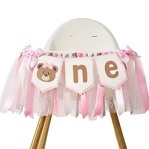 Bear Pink Ribbon One Highchair Banner - Girls 1st Birthday Party Decorations,Teddy Bear First Birthday High Chair Banner, One Woodland Camping Party Banner, Princess Bear 1st Birthday Photo Prop
