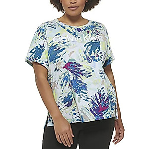 Calvin Klein Performance Women Plus Size Active Logo Print Rolled Cuff Tee, Floral WASH SEA Level, 1X