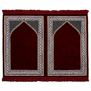 Modefa Turkish Islamic Prayer Rug - Wide Velvet Praying Mat - Multi Person Muslim Janamaz Sajada for Family - Group Praying Carpet - Solid 2 Person (Red)