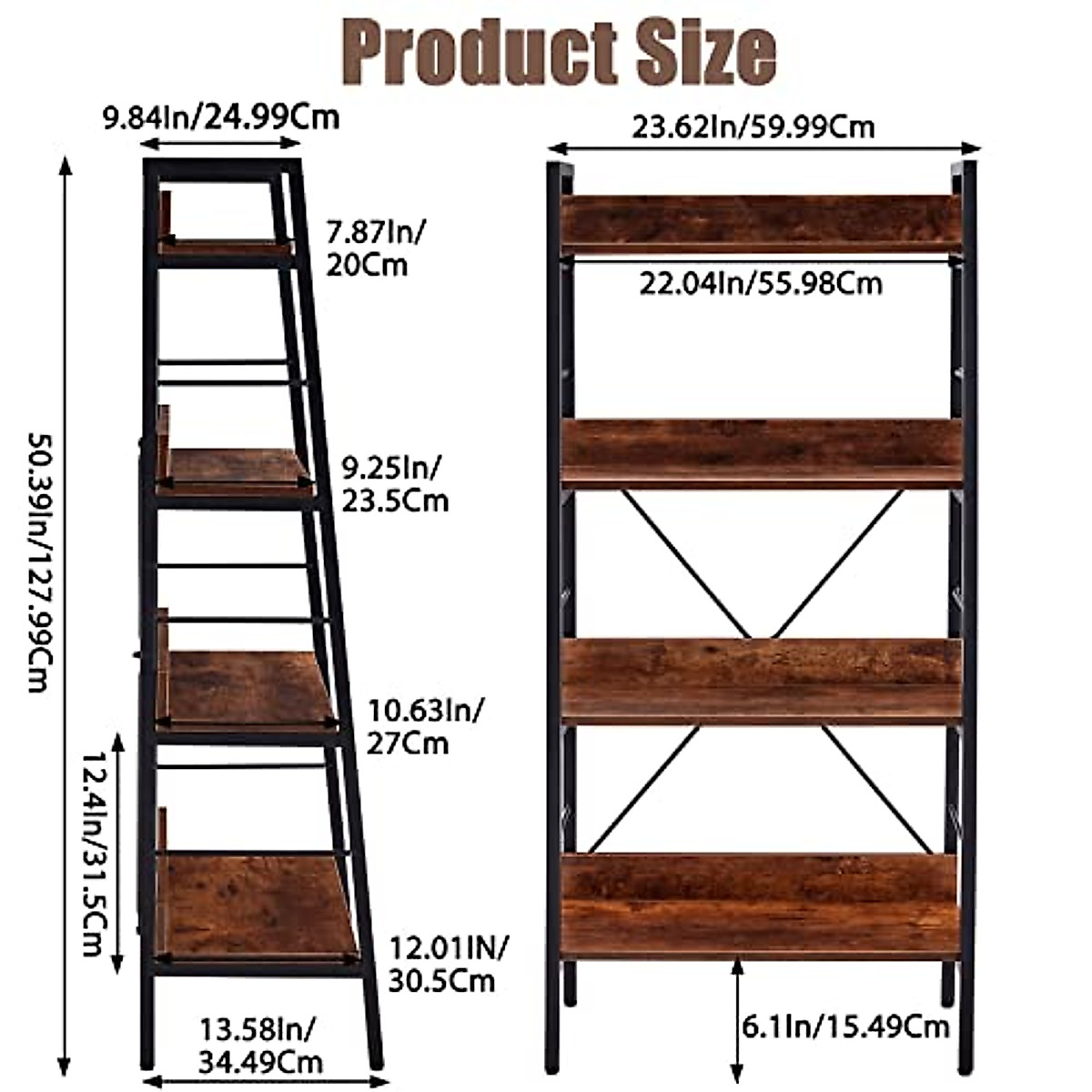 Ladder Shelf 4-Tier Bookshelf Plant Stand Kitchen Storage Rack Industrial Display Leaning Bookcase with Steel Frame Modern Wood Organizer Shelves Metal Furniture Home for Living Room Bedroom Office