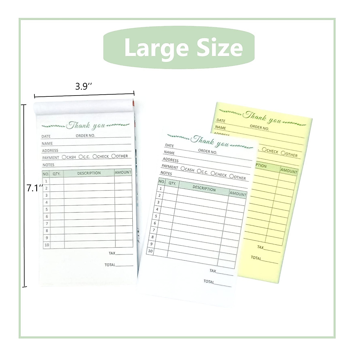 Thank You Receipt Book for Small Businesses 4x7 inches 2-Part Carbonless White Yellow 50 Sets 100 Sheets per Book with Wrap Around Cover Blank Signature Stamp Section 1 Pack Green