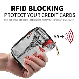 MOYYO RFID Credit Card Holder Case Oil Painting Paris Eiffel Tower Leather Printed Zipper Card Case Wallet for Women Girls