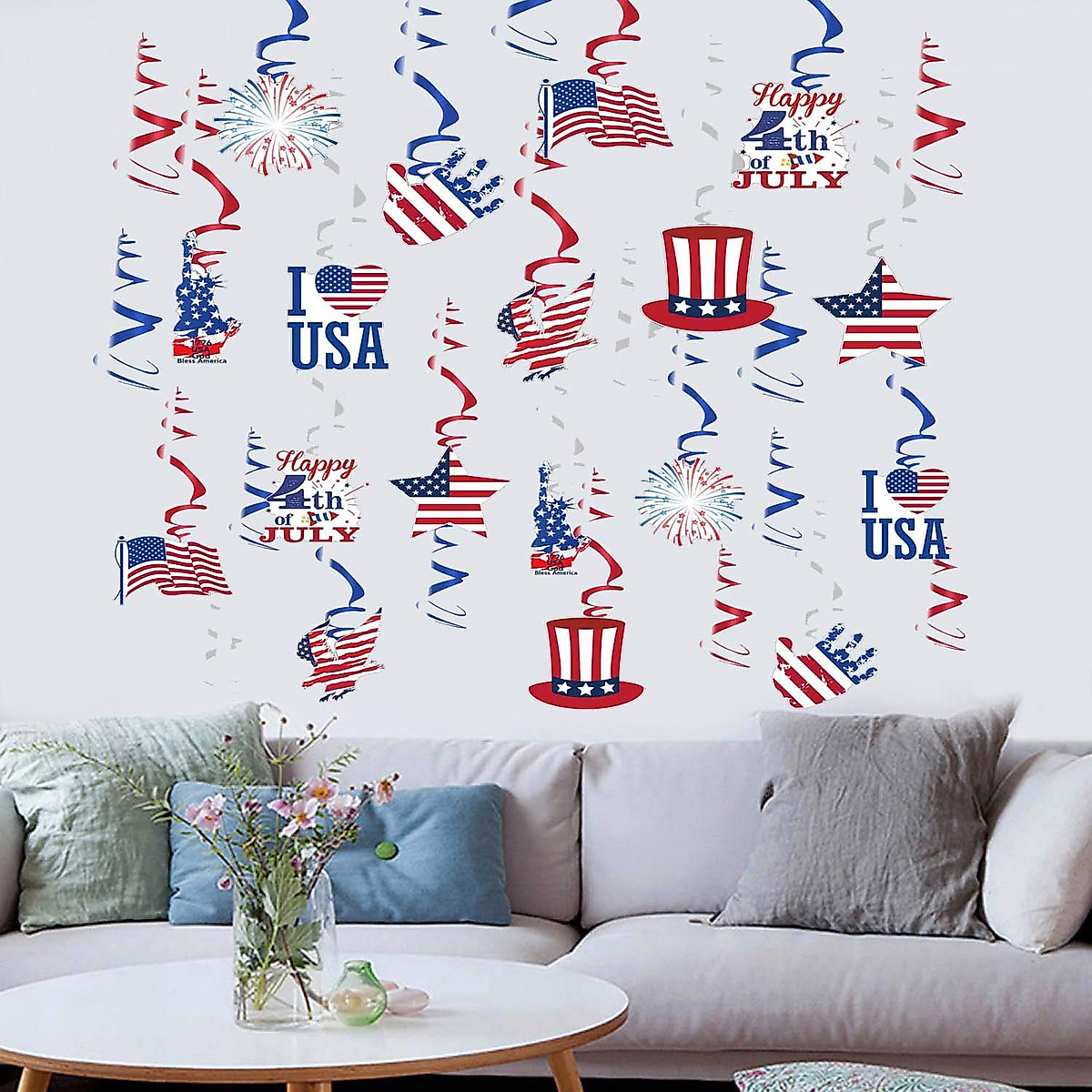 DmHirmg Fourth of July Decorations Hanging Swirl,4th of July Swirl Decorations,Shiny Patriotic Party Decor Supplies,30 Pcs Independence Day Hanging Spiral Decor for Patriotic Party Decor