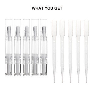 UPZIGS 5 pack 5ml Transparent Twist Pen for Cuticle Oil Applicator, Empty Nail Oil Pen with Brush Tip, Eyelash Growth Liquid Tube, Cosmetic Lip Gloss Container (5x)
