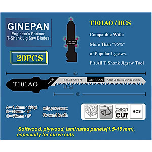 Jigsaw Blades T Shank 20PCS T101AO with Case, Compatible with Dewalt Bosch Black and Decker Jig Saw Blades Set for Wood, 3 in. 20 TPI Curved & Scrolling Fine Finish Cuts