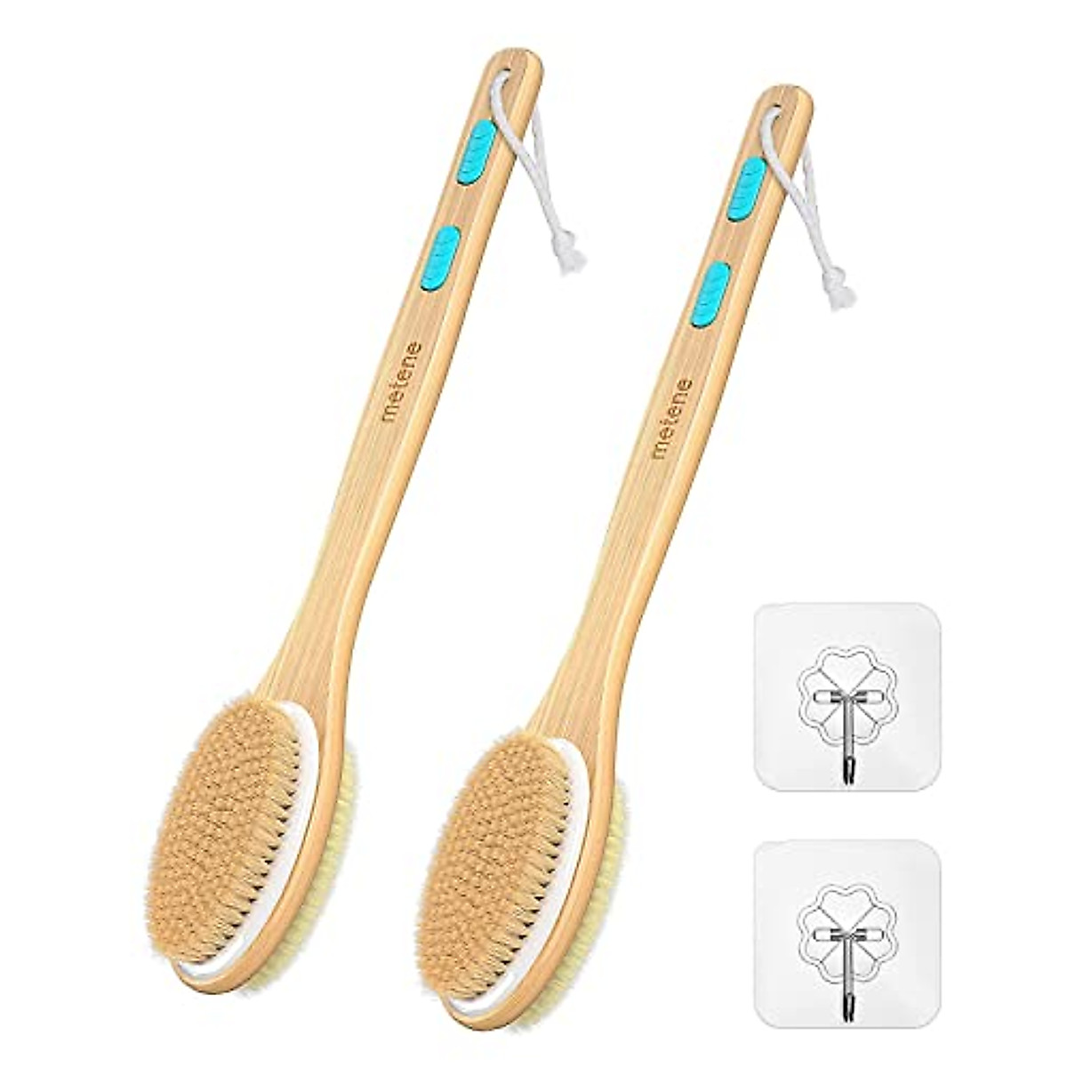 Metene 2 Pack Shower Brush with Soft and Stiff Bristles, Bath Dual-Sided Long Handle Back Scrubber Body Exfoliator for Wet or Dry Brushing
