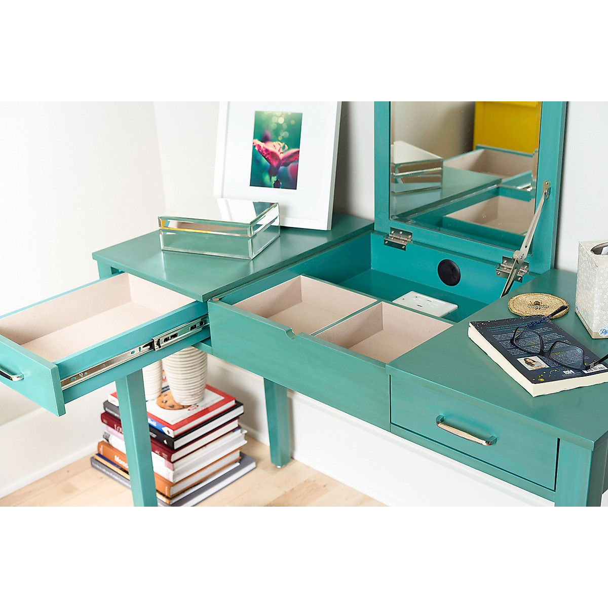 Alveare Home Aimee Makeup Dressing Table with USB and Outlet Vanity Desk, Turquoise