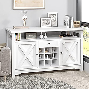 Modern Coffee Bar Cabinet, 47” Storage Cabinet Sideboard Buffet Barn Door Drawer Open Shelf for Kitchen, Dining/ Living Room 47" x 16" x 32"(White)