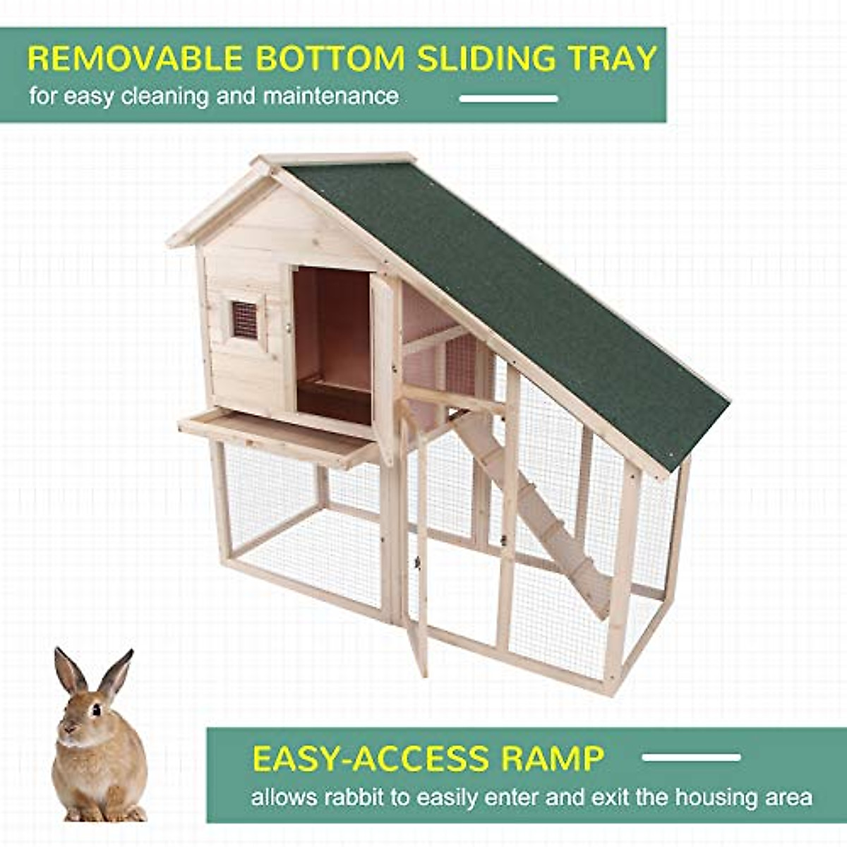 PawHut 55" L 2-Tier Wooden Rabbit Hutch Bunny Cage Small Animal House with Ramp, Waterproof Roof, Removable Tray and Outdoor Run