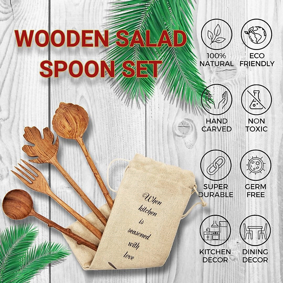 BVicHair 4 Wooden Spoons and Forks Set, Set Wooden Salad Spoons, Real Housewives Gifts, Kitchen Gifts for Women, Handmade Gifts for Mother's Day, Cute Kitchen Accessories, Unique Kitchen Gifts