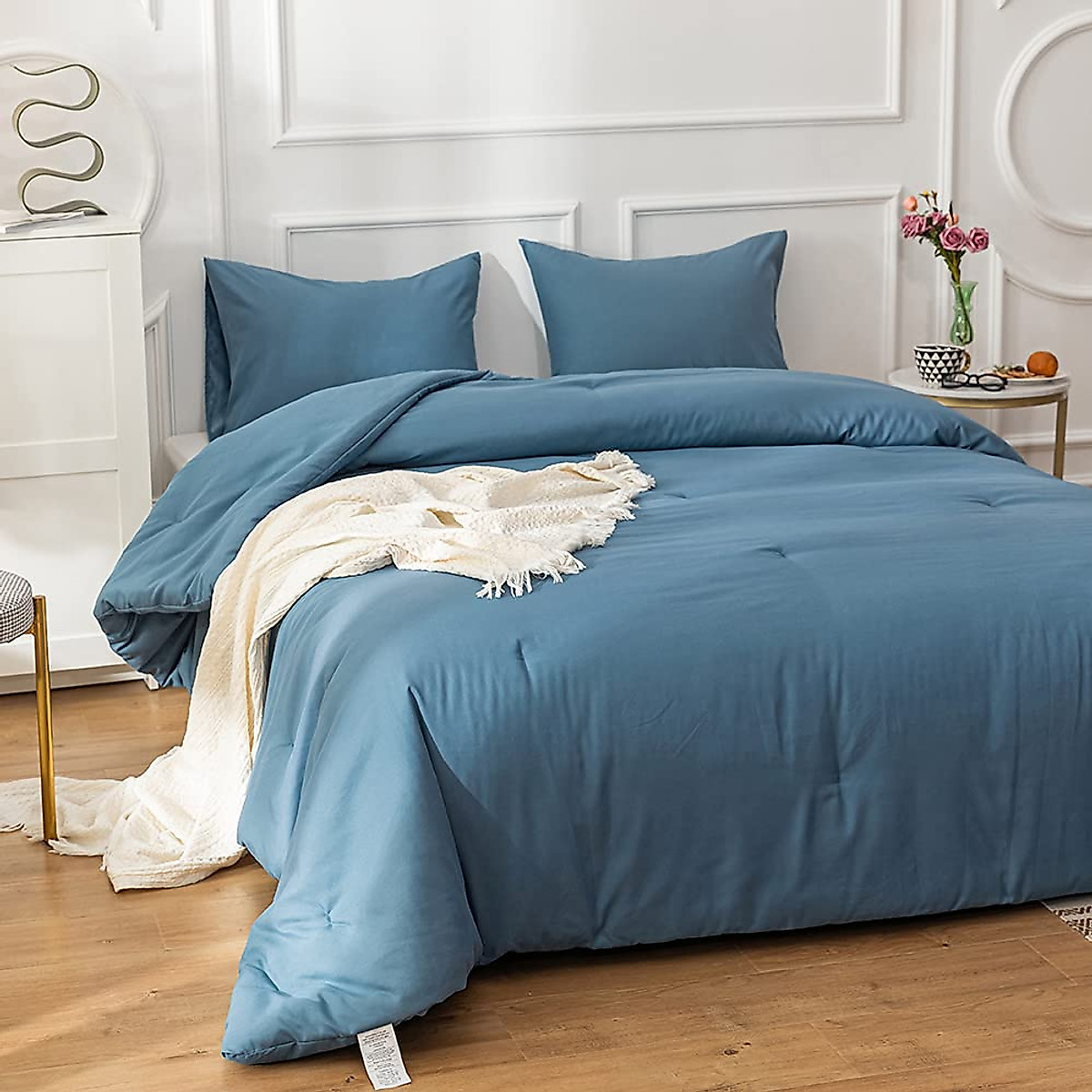 Pureant Blue Comforter Set Queen 3Pcs Dusty Blue Bedding Comforter Sets for Women Men Cotton Lake Blue Queen Comforter Soft Grayish Blue Queen Size Comforter Sets Solid Haze Blue Quilt Breathable