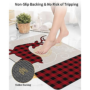 Christmas Reindeer Bath Mat for Tub,Non Slip Bathroom Floor Runner Rug Quick Dry & Absorbent Diatomaceous Earth Kitchen Shower Sink Washable Doormat,Red Black Buffalo Plaid Checkered Snowflake 16"x24"