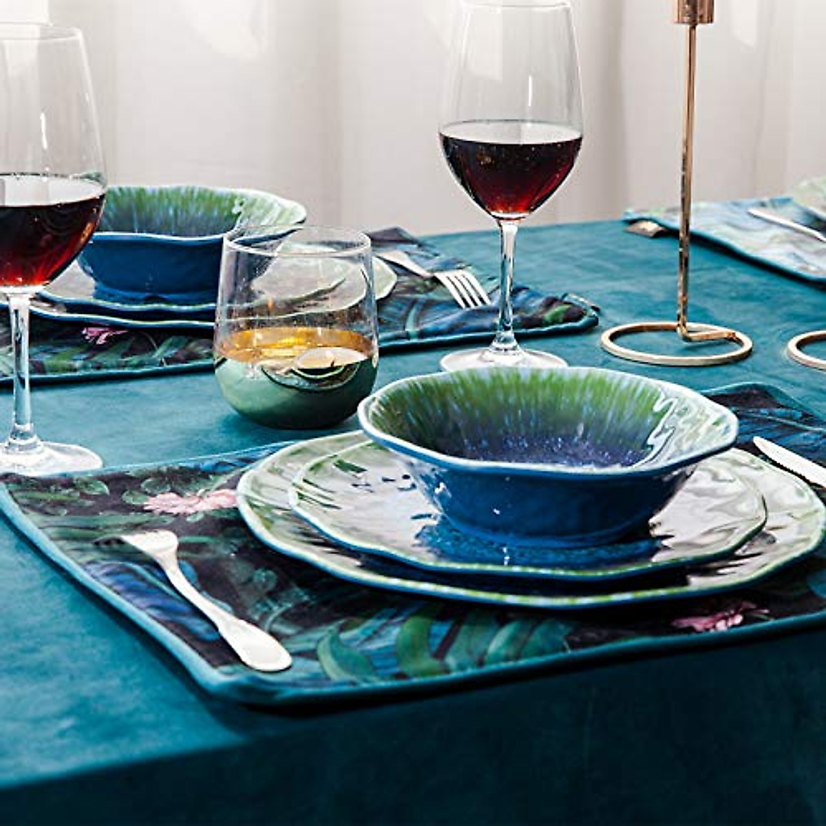 Melamine Dinnerware Set 12 PCS Teal Turquoise Tableware Plates Bowls Blue Green Dishwasher Safe Not Microware Not Oven