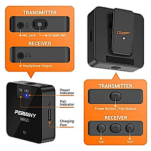 PERWHY Lapel Microphone Wireless Lavalier System for DSLR, Camcorders, GoPro, Computers - 2.4GHz Frequency, Noise Reduction, Long Transmission Range, Easy to Use