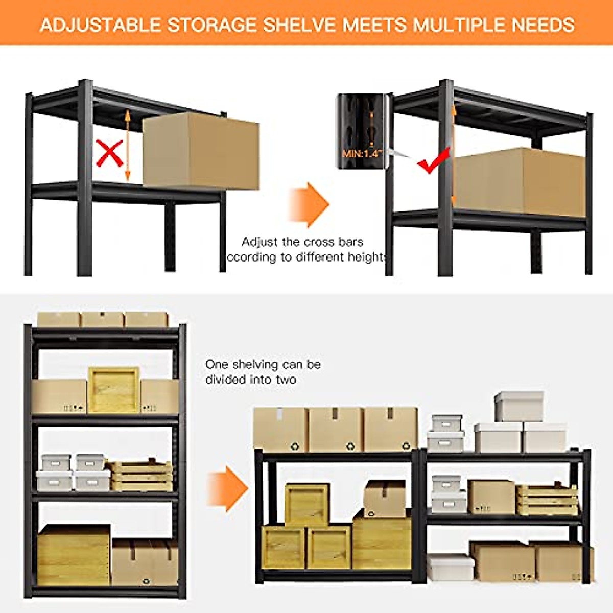 Raybee Garage Shelving Metal Shelving Unit Adjustable Heavy Duty Shelving Metal Shelves for Storage 4 Tier Industrial Shelving Rack Black 57" H x 39.4" L x 19" W