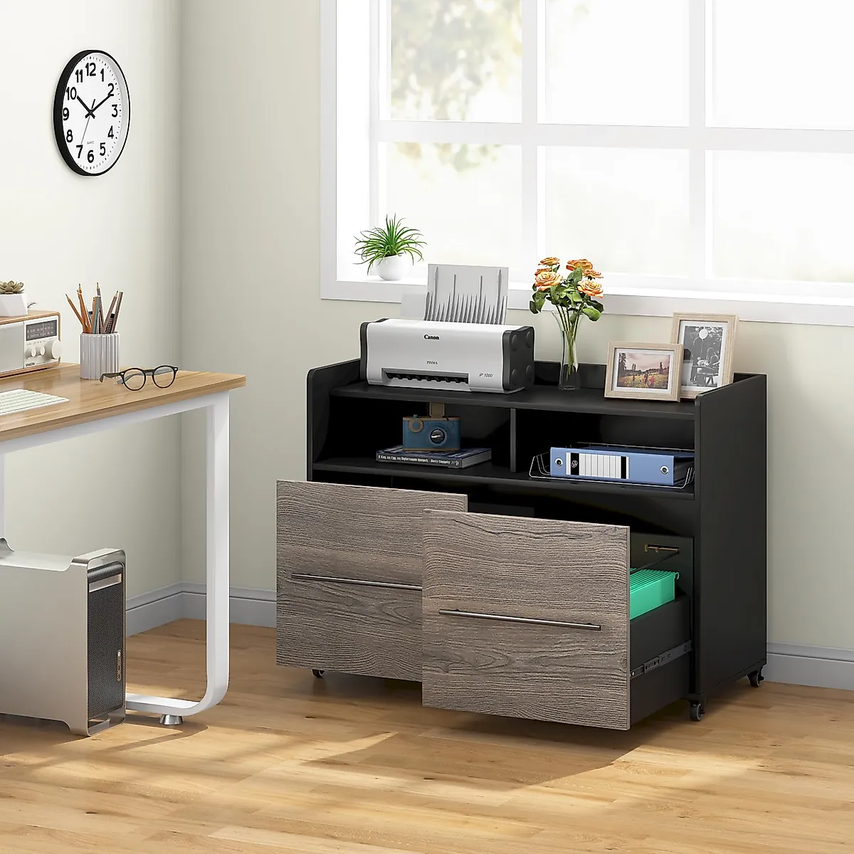 Tribesigns 2 Drawer File Cabinet Rolling Filing Cabinets for Home Office Grey lateral File Cabinet Wood File Cabinet for Letter Size, Printer Stand with Rolling Wheel and Open Storage Shelves