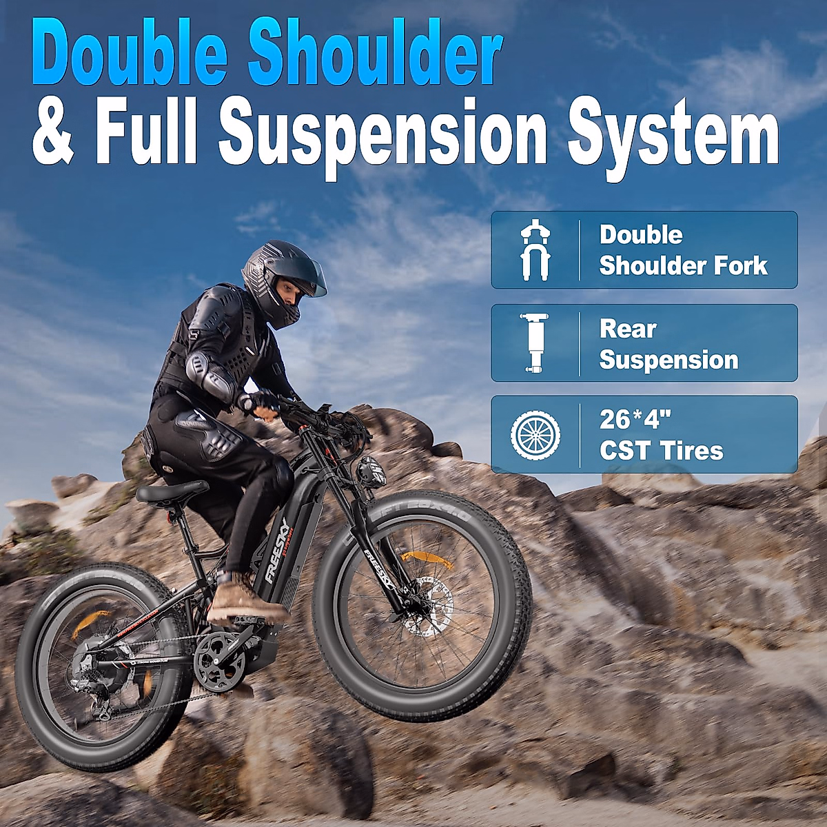 FREESKY 2000W Electric Bike with BAFANG Motor & 48V 30Ah Battery, 35MPH Max Speed, 120 Miles Range, Full Suspension Mountain Ebike, 26" Fat Tires, Smart Keys, Hydraulic Brakes, with Twist Throttle