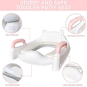 Potty Training Seat with Step Stool Ladder for Kids, Anti-Slip and Detachable Soft Pad, Toddler Toilet Training Seat with Height Adjustable Wide Steps and Safety Handles - Pink
