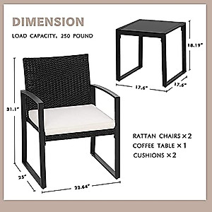 Crownland Outdoor Patio Furniture 3 Piece Bistro Set Chairs Wicker Rattan Conversation Furniture and Thickened Cushions,Glass Coffee Table for Backyard Porch Poolside Lawn(Beige)