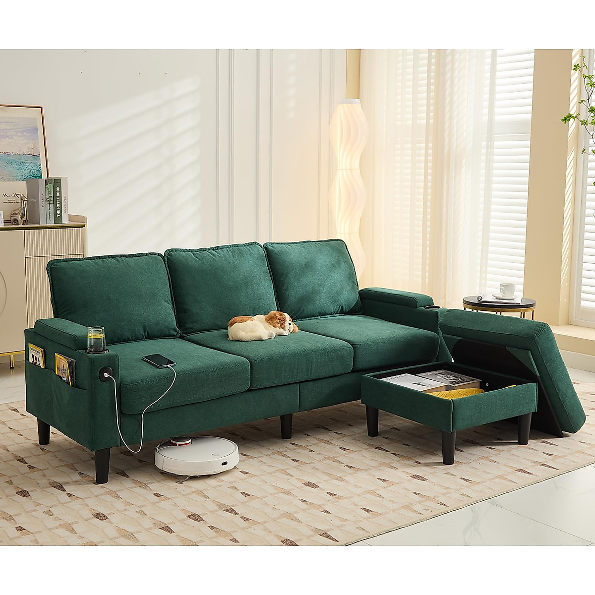 78'' Sectional Modular Sofa L Shaped Couches for Living Room, Small 3 Seat Sofa Couch with Storage Ottoman, Comfy Linen Fabric Upholstered Couch with USB Ports & Cup Holder Furniture, Green