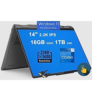 Lenovo Yoga 7i 2-in-1 Laptop | 14" 2.2K IPS Touch | 13th Gen Intel 10-Core i7-1355U | 16GB DDR5 1TB SSD | Backlit Fingerprint Thunderbolt USB4 FHD Privacy Camera Win11Pro Grey + HDMI Cable