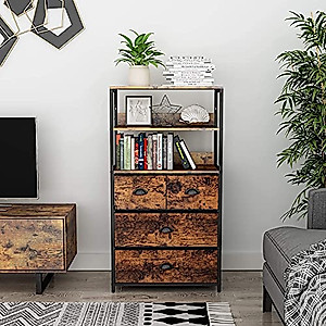 Furologee Vertical 4 Drawer Dresser with Shelves, and 3 Drawer Nightstand, Fabric Storage Tower Unit, Sturdy Metal Frame Furniture,Removable Brown Fabric Bins for Bedroom,entryway,Office