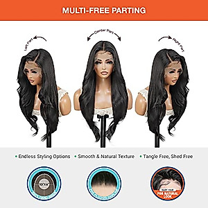 GLAM21USA HD Lace Front Straight Curly Wig 13X6 Glueless Invisible Transparent Frontal Wig Long Human Hair Blend PrePlucked Hairline Swiss-Lace Synthetic Wigs - Tastee (28 Inch, 1B-OFFBLACK)