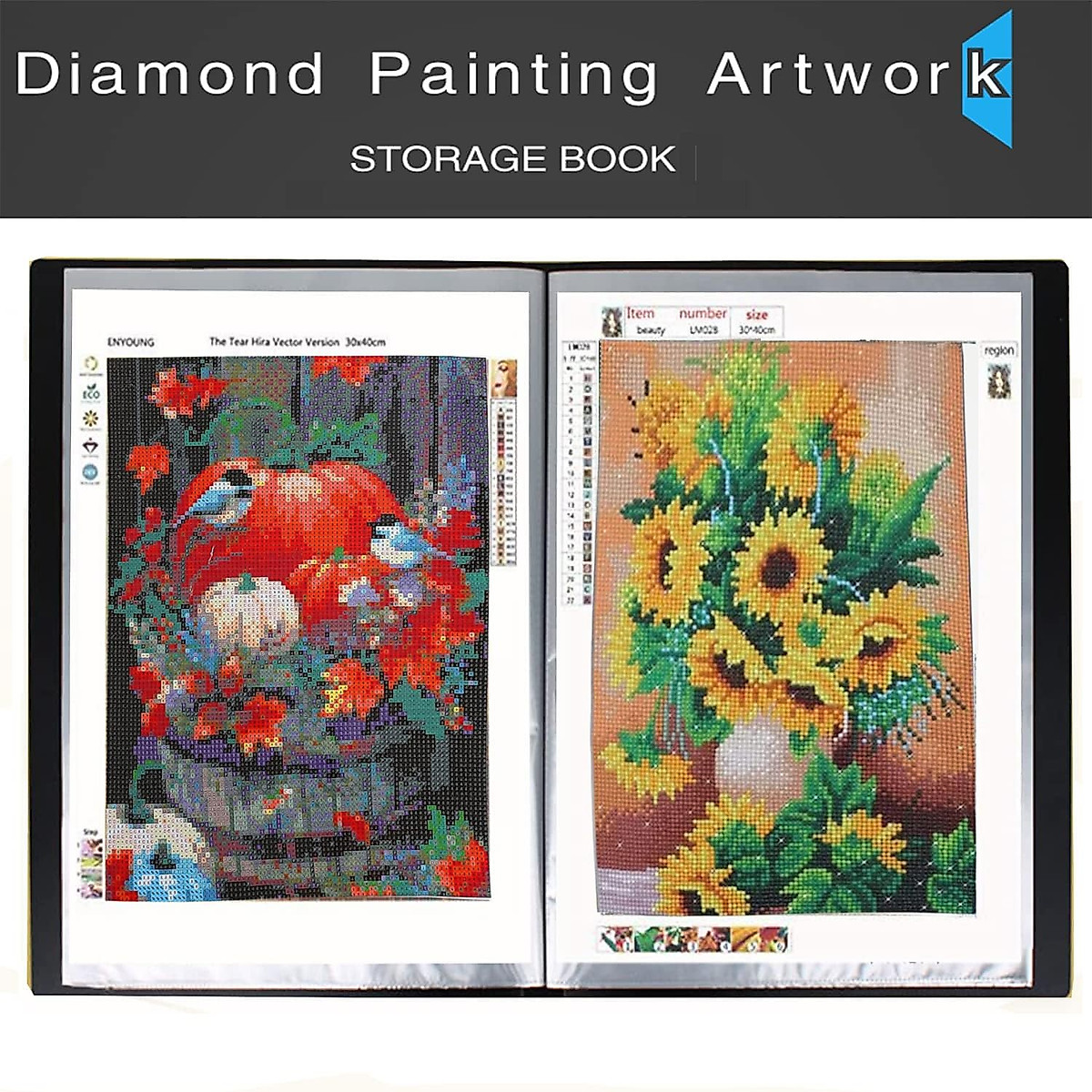 A3 Diamond Painting Storage Book, Diamond Art Portfolio Folder with 30 Pags Clear Pocket Slevees Protectors, A3 Storage Book with Handle, Large Artwork Report Sheet Letter Poster Storage Bag (Black)