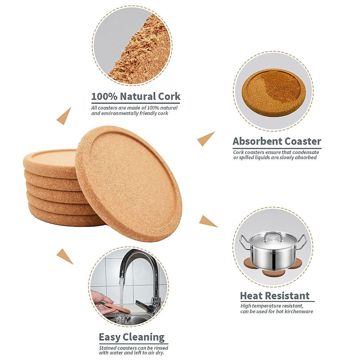 ToolMenu Cork Coasters for Drinks Absorbent - 6 Pcs 4 Inch with Lip Heat Resistant Reusable Drink Coaster Set Extra Thick Perfect Cups Mugs Glasses