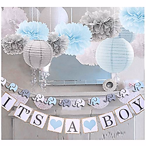 luckylibra Boy baby shower decorations, It is a Boy Banners Elephant Garland and Paper Lantern Paper Flower Pom Poms （Blue White Grey）