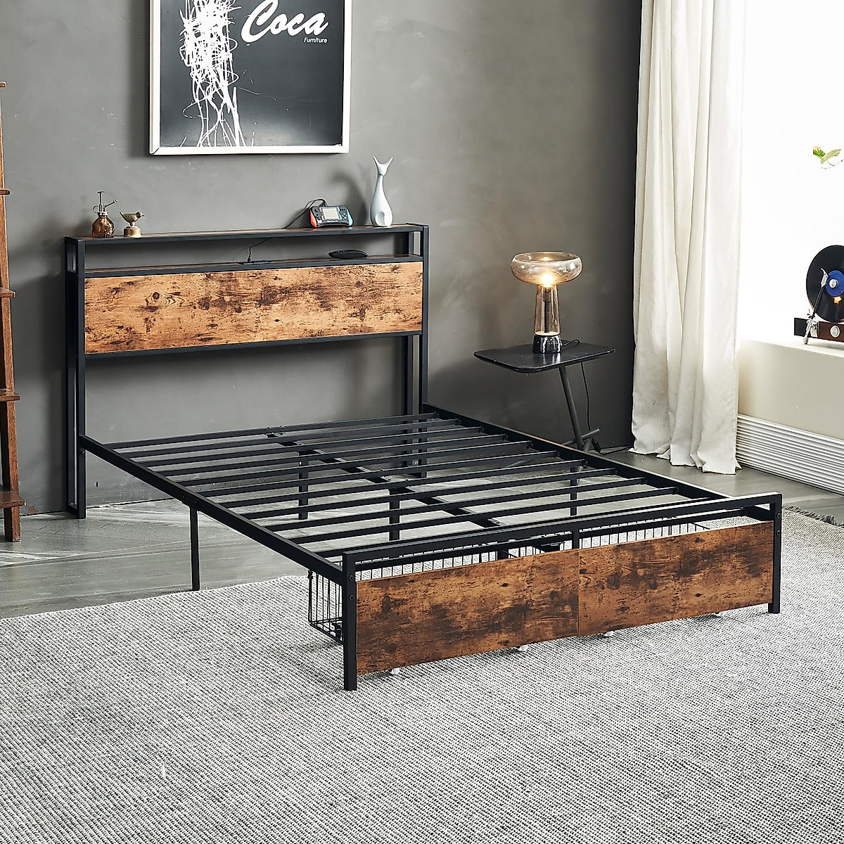 Eifizek Full Size Bed Frame with Charging Station, Platform Bed Frame with Storage Headboard and Drawers, Easy Assembly, No Box Spring Needed (Brown)