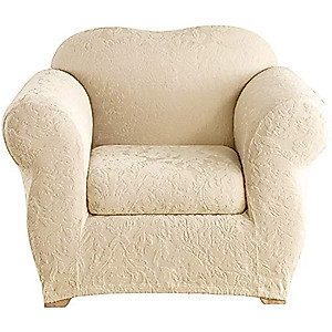 Surefit Stretch Jacquard Damask Box Cushion Chair Two Piece Slipcover, Form Fit, Polyester/Spandex, Machine Washable, Oyster