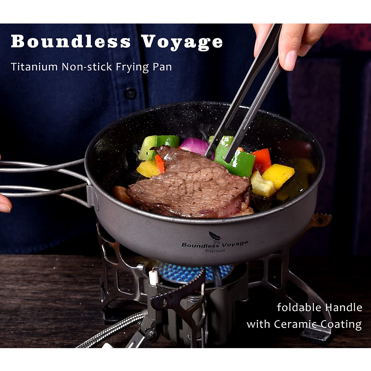Boundless Voyage Camping Titanium Non-Stick Pan with Folding Handle Ultralight Outdoor Ceramic Coating Frying Pan Small Portable Picnic Hiking BBQ Cookware (Ti2067C-L-18CM)