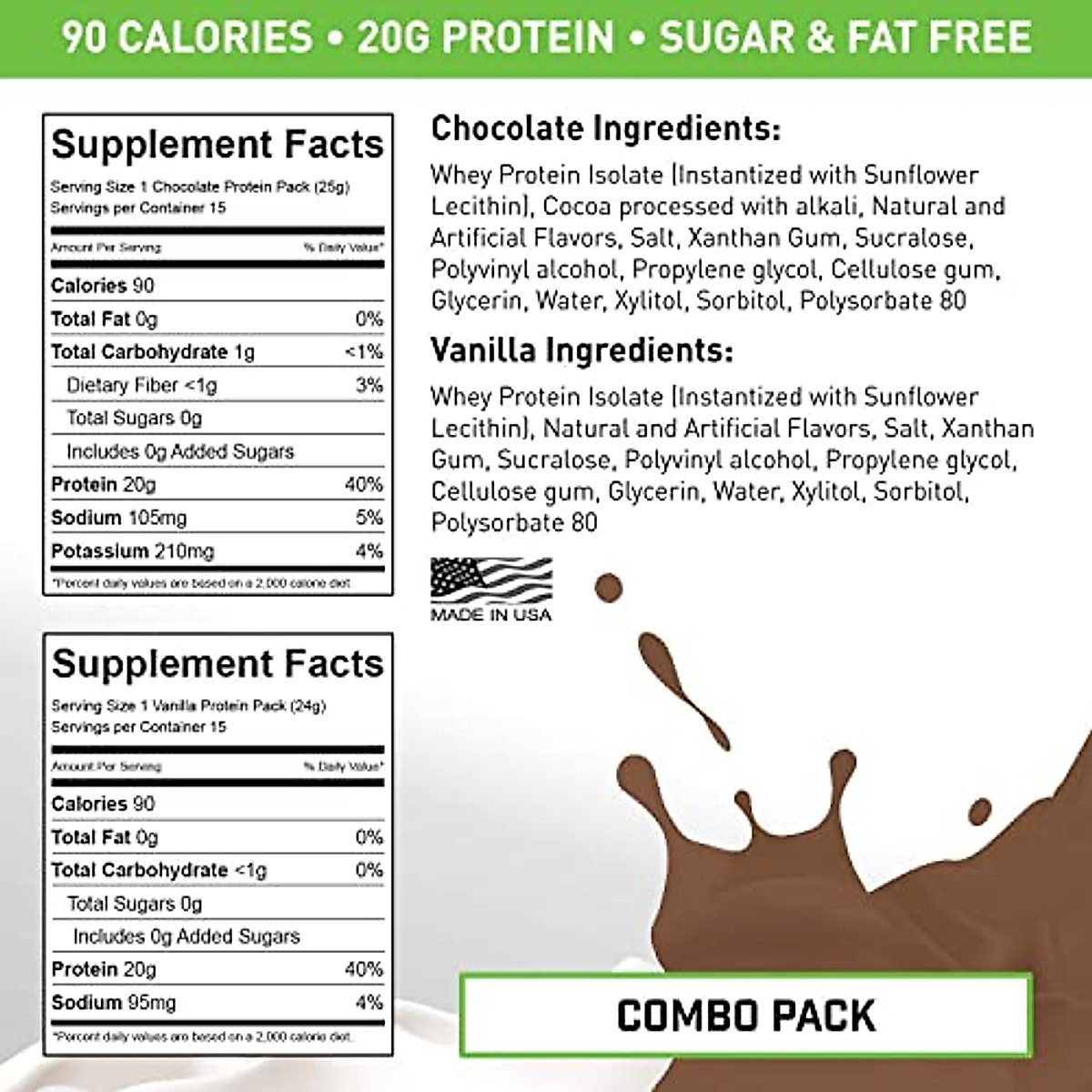 VADE Nutrition Dissolvable Protein Packs - 100% Whey Isolate Protein Powder Chocolate & Vanilla Milkshake - Low Carb, Low Calorie, Lactose Free, Sugar Free, Fat Free, Gluten Free - 30 Packets to Go