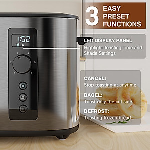 Anfilank Extra Wide Slot 2-Slice Toaster with Digital Countdown Timer, Stainless Steel, 6 Browning Settings, Built-in Warming Rack, Cancel/Bagel/Defrost Functions