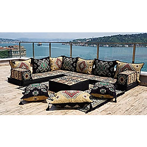 4" Thick L Shaped Floor Couch, Arabic Sofa Seating, Floor Pillow, Sectional Sofa Set, Patio Furniture, Arabic Majlis (L Sofa Full Set, 4'' Thickness (10 cm))